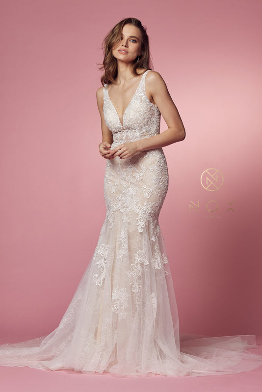 NOX ANABEL H493 V Neck Open Back Wedding Dress – The Gown Galleria
