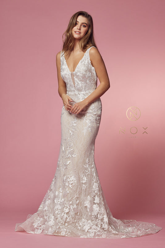 NOX ANABEL JW908 Fitted Applique Long Wedding Gown – The Gown Galleria